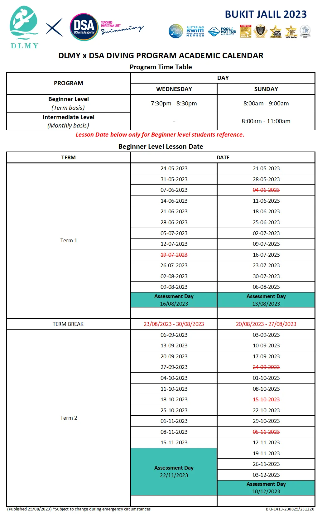 Program Calendar – Diving | Swimming Lesson in KL, Malaysia